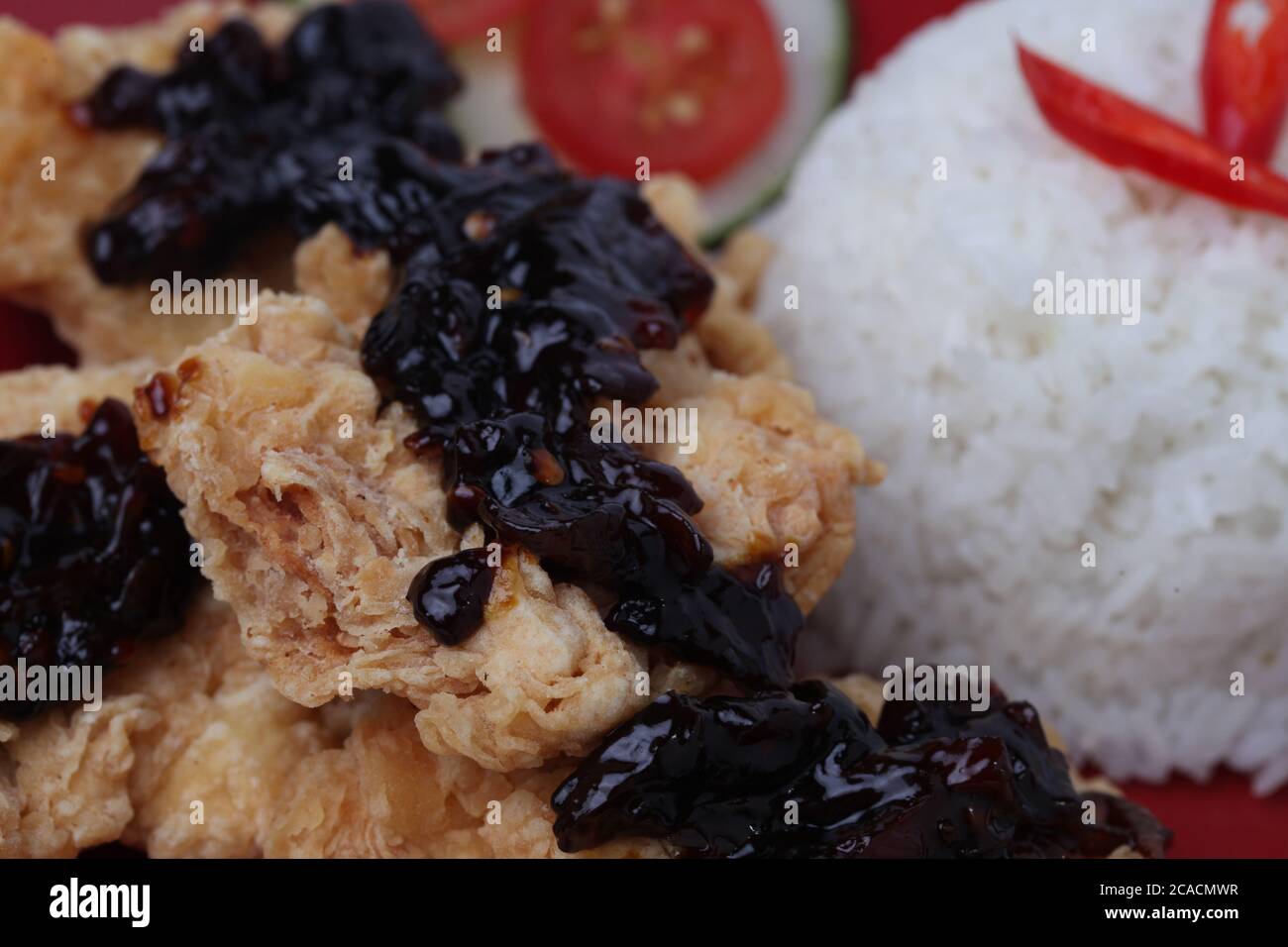 Fried chicken and rice on a red plate with black spicy flavor isolated ...