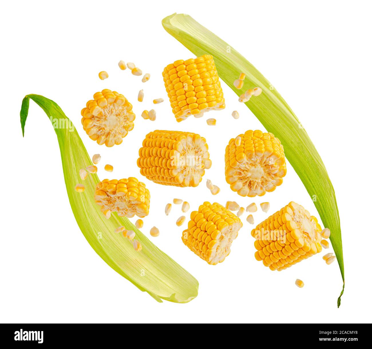 Flying cracked corn cob with leaves isolated on white. Design element ...
