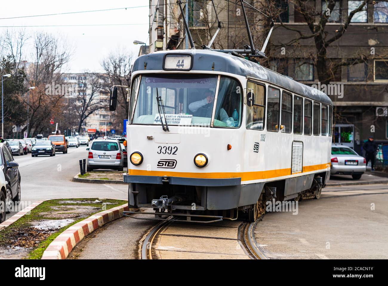 Tram in traffic on the streets of Bucharest, Romania, 2020 Stock Photo ...