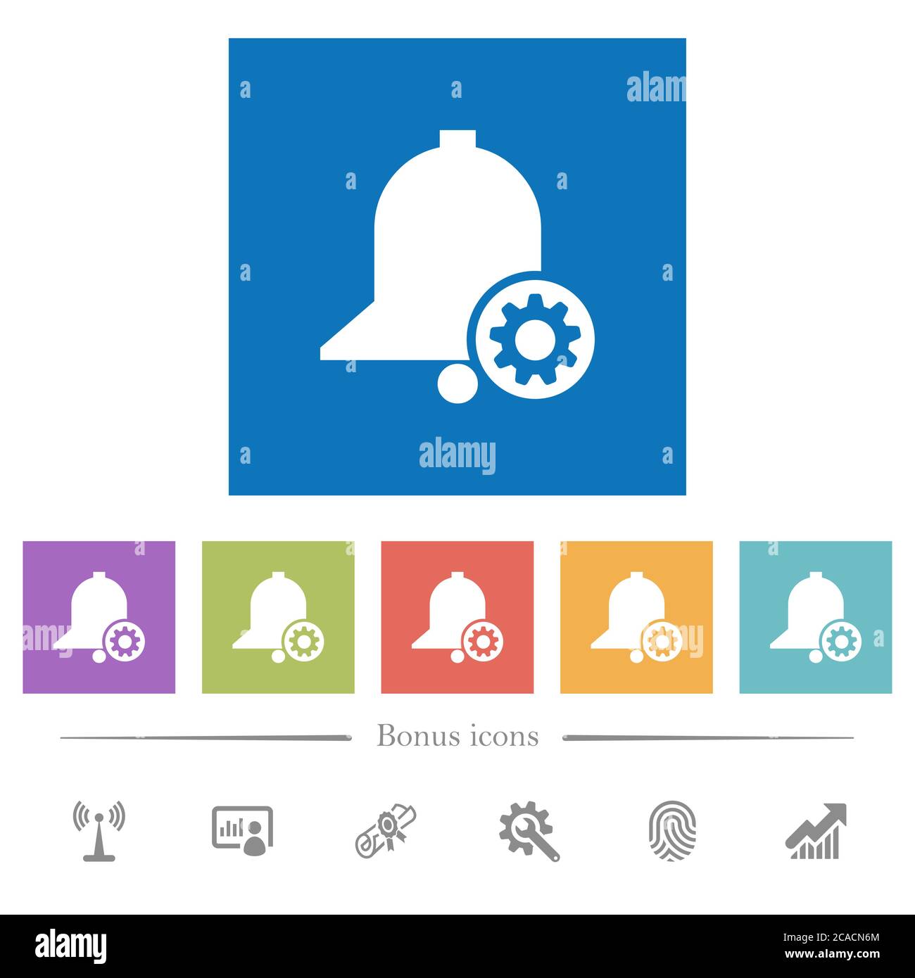 Reminder settings flat white icons in square backgrounds. 6 bonus icons ...