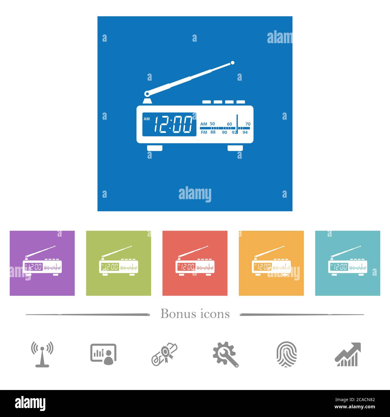 Vintage radio clock flat white icons in square backgrounds. 6 bonus ...