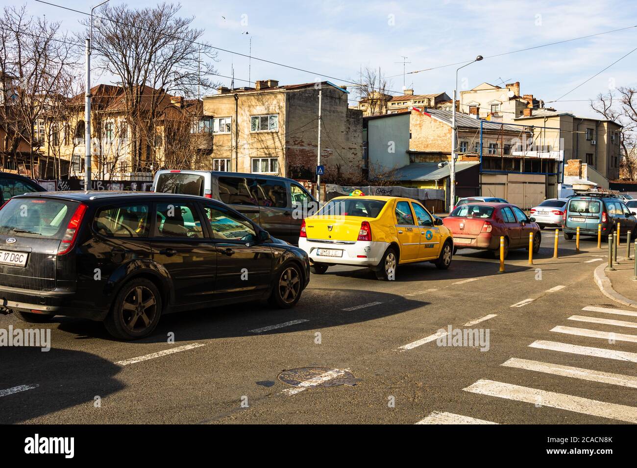 Car traffic at rush hour in downtown area. Bucharest, Romania, 2020 ...