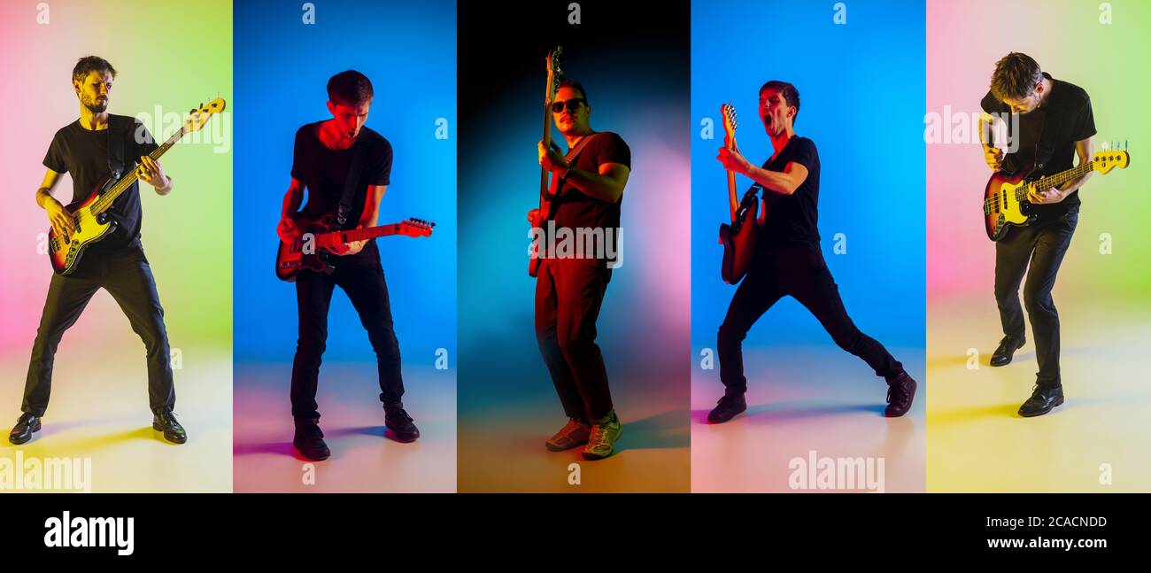 Collage of portraits of 2 young emotional talented musicians on ...