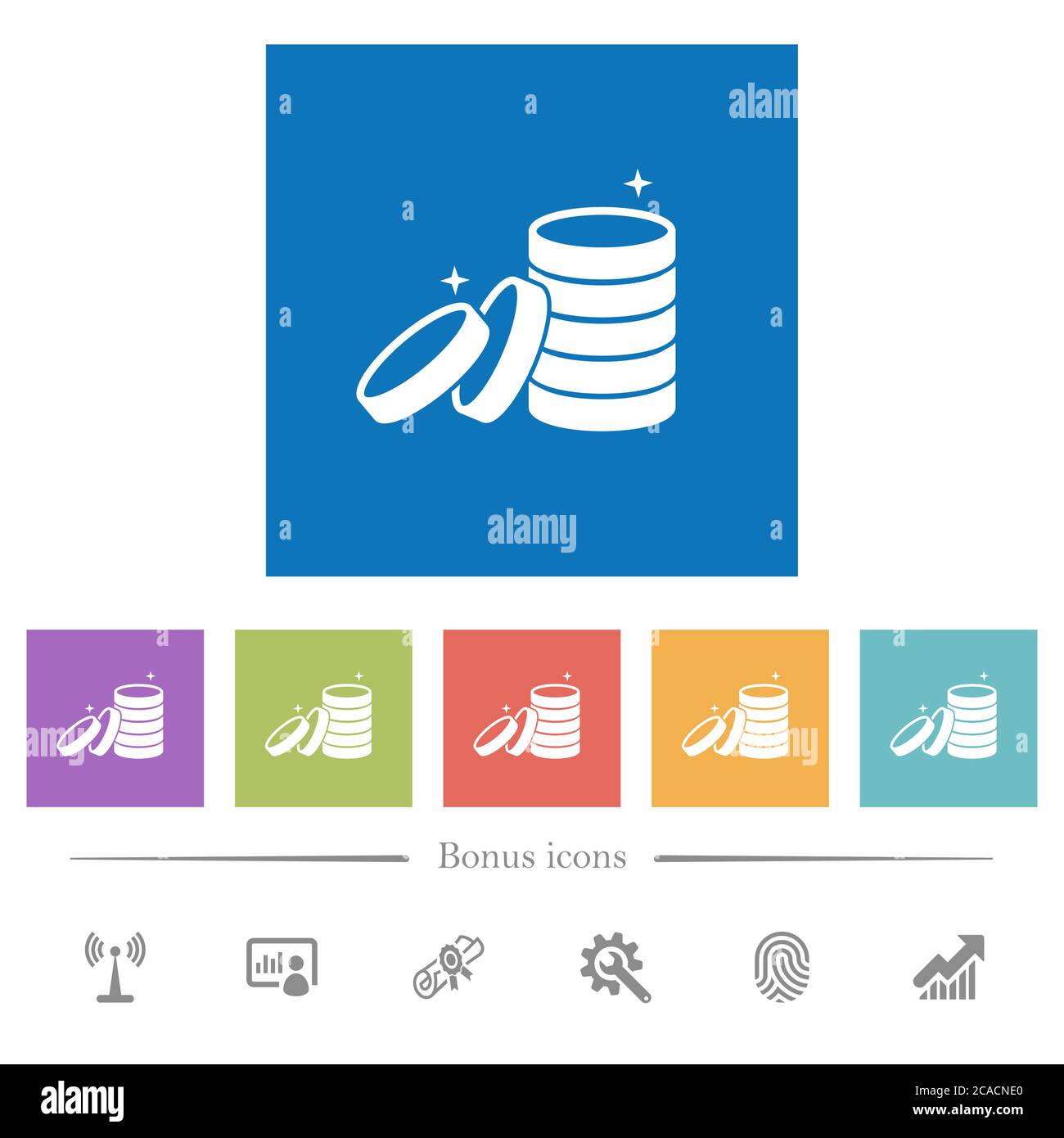 Stack of treasure flat white icons in square backgrounds. 6 bonus icons ...