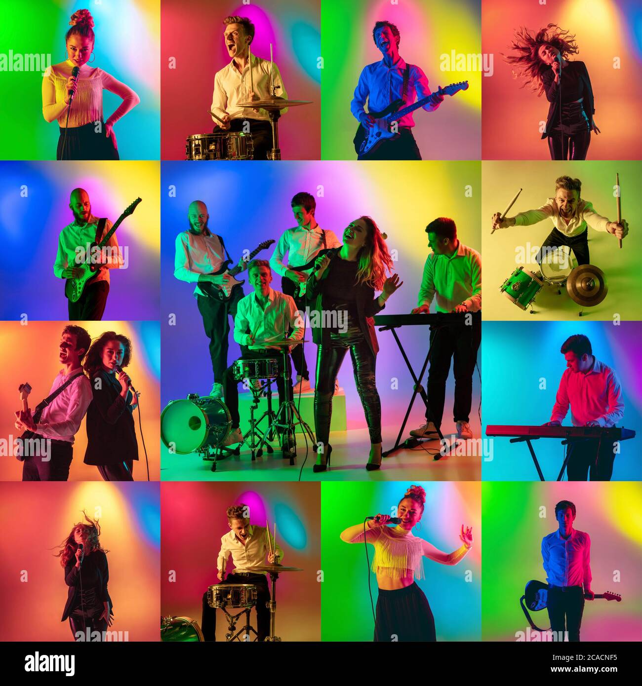 Collage of portraits of 5 young emotional talented musicians on ...