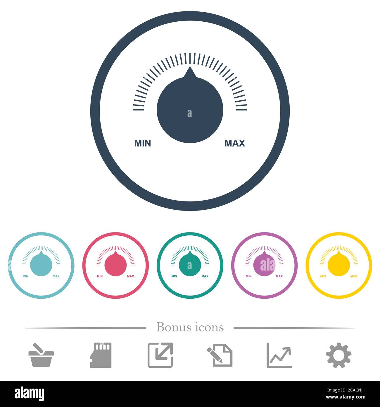 Volume control with captions flat color icons in round outlines. 6 bonus icons included Stock ...