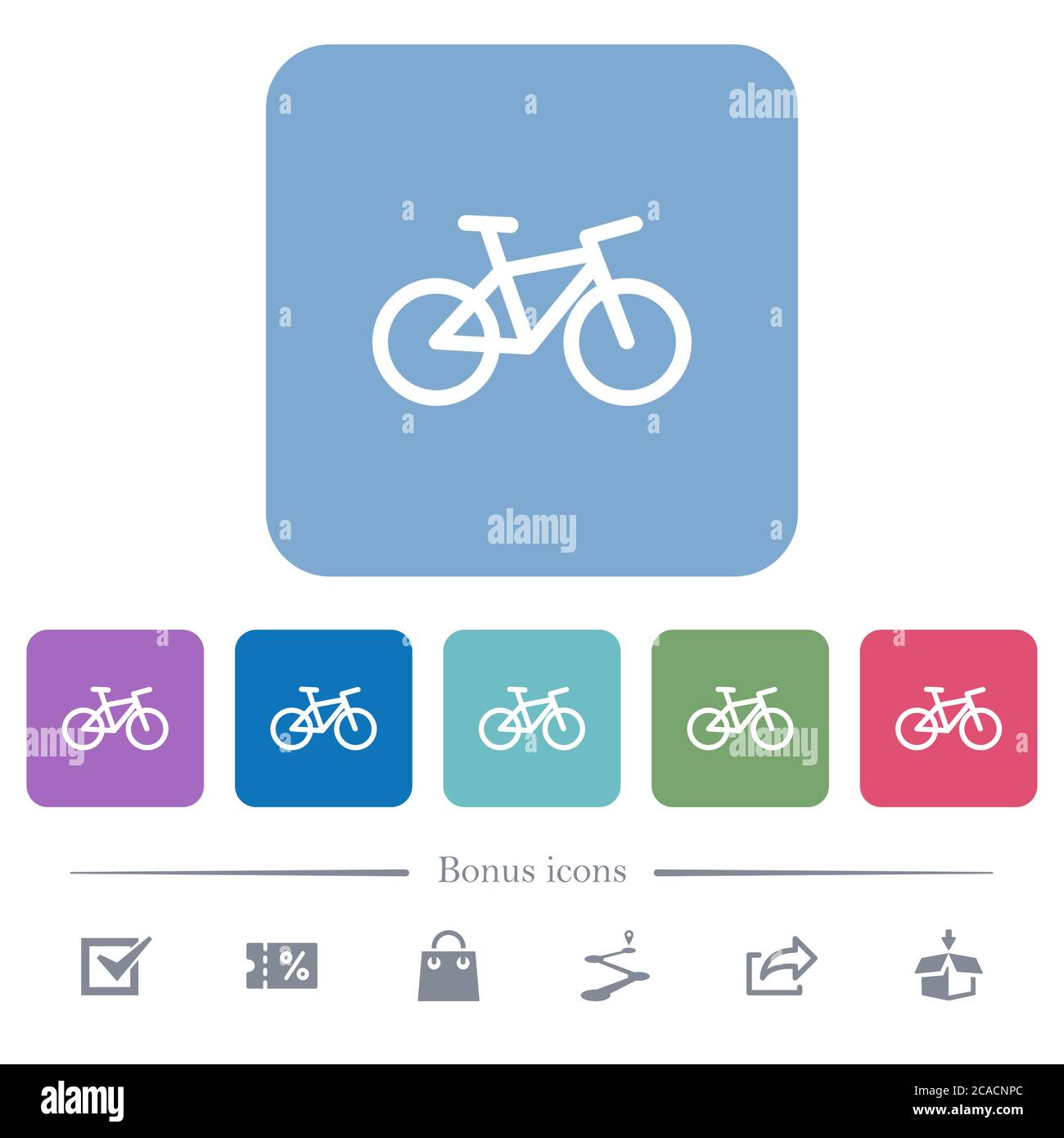 Bicycle white flat icons on color rounded square backgrounds. 6 bonus ...