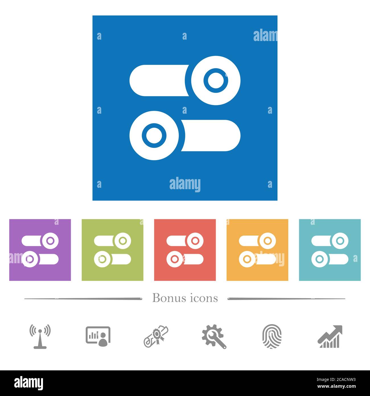 Toggle switches flat white icons in square backgrounds. 6 bonus icons ...