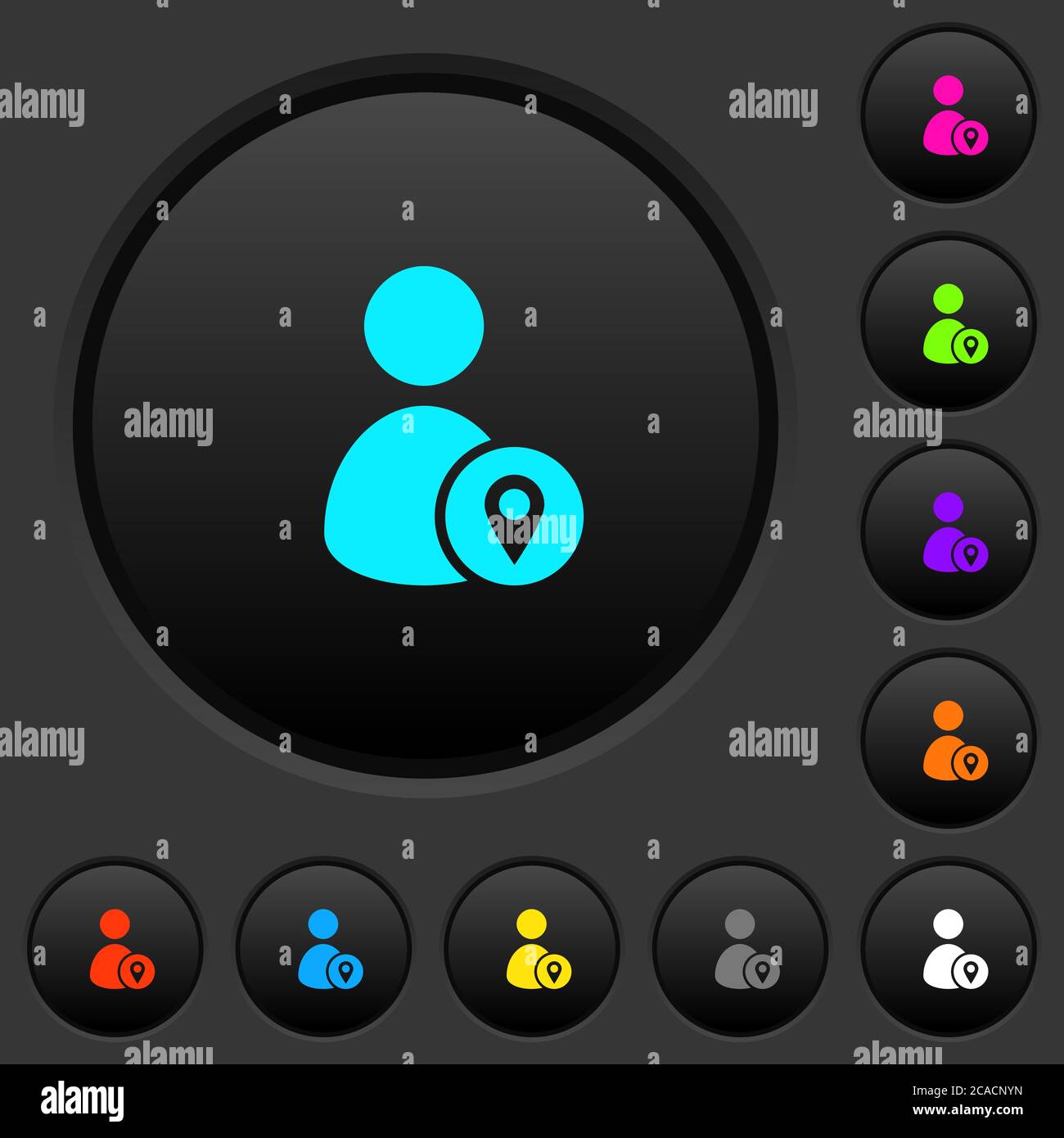 User location dark push buttons with vivid color icons on dark grey ...