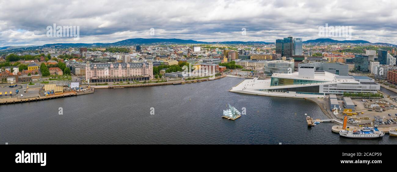 Aerial view of the Opera House and new business quarter in Oslo, Norway ...