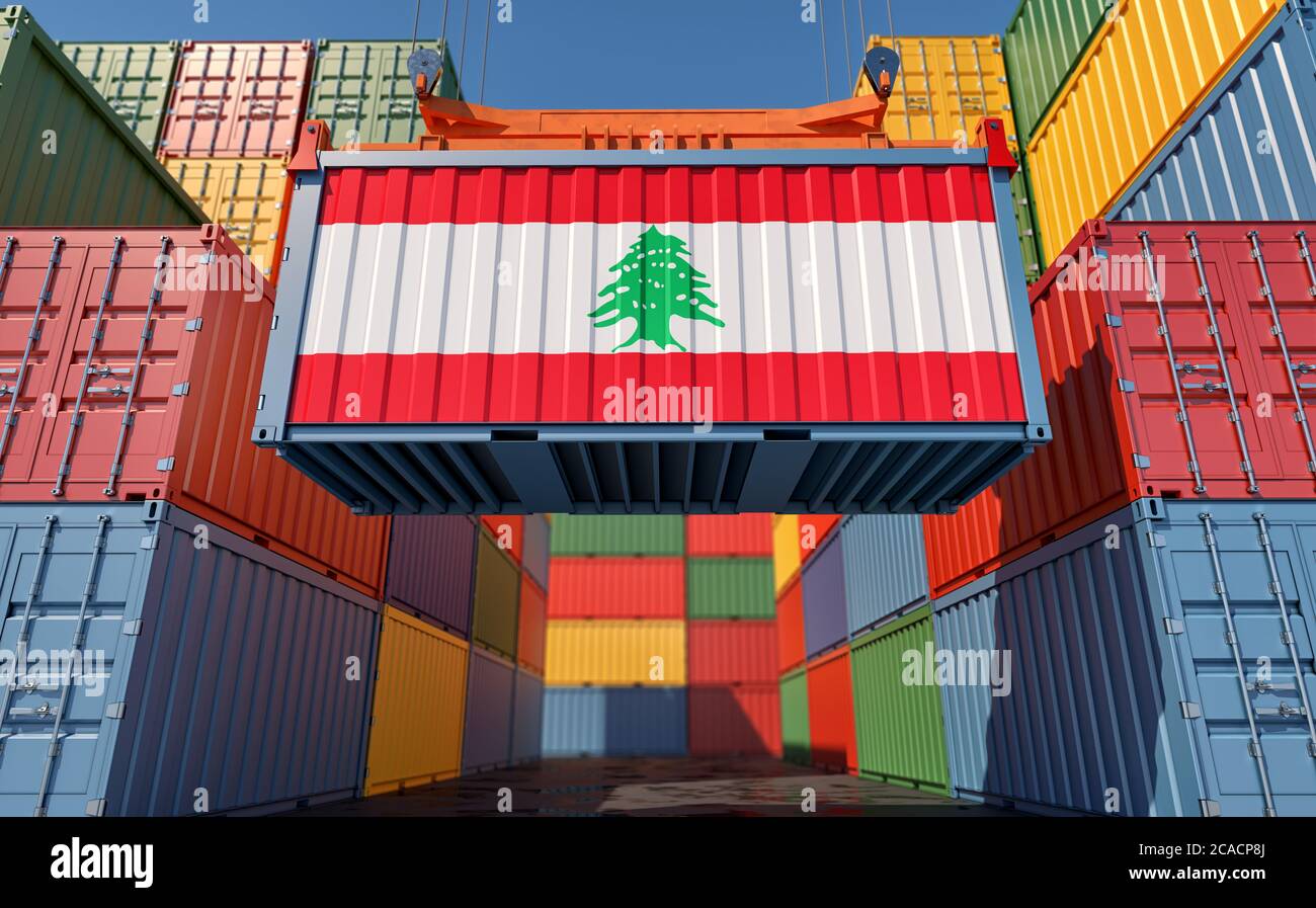 Freight container with Lebanon flag on a container terminal. 3D ...