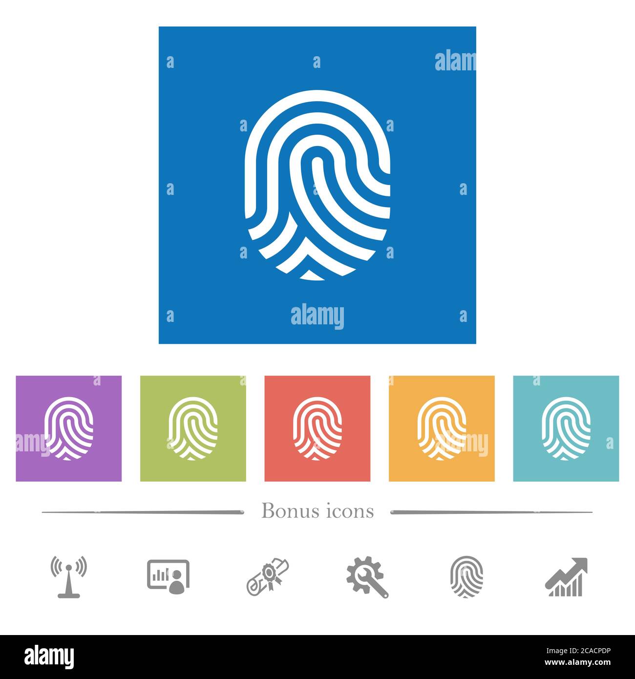 Fingerprint flat white icons in square backgrounds. 6 bonus icons ...