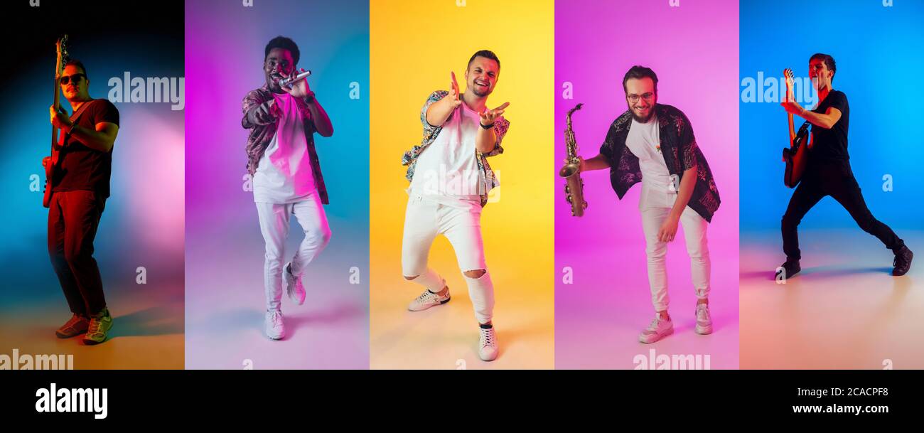 Collage of portraits of 5 young emotional talented musicians on ...