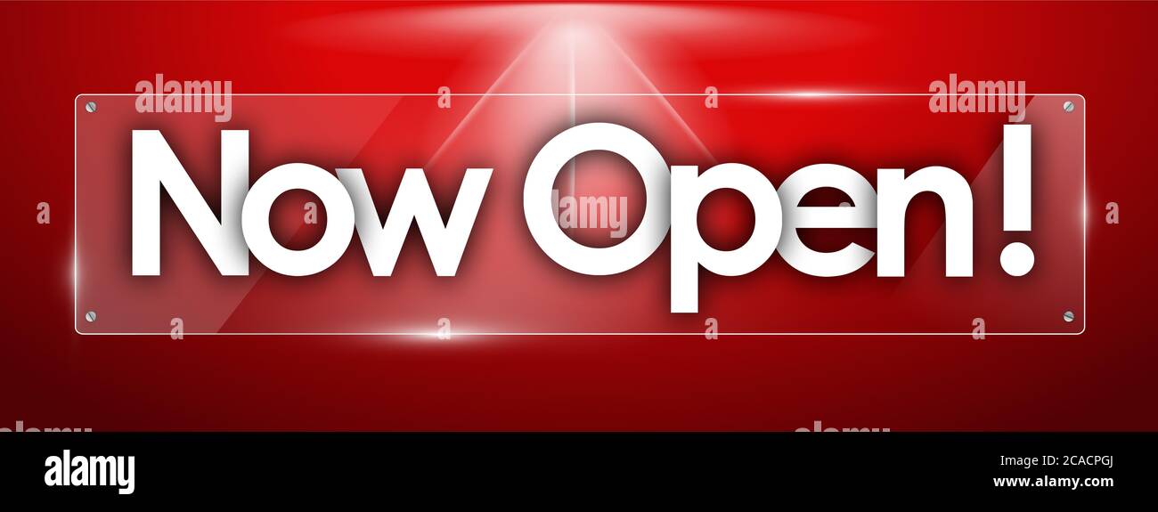 now open word in transparent glass shapes Stock Photo - Alamy