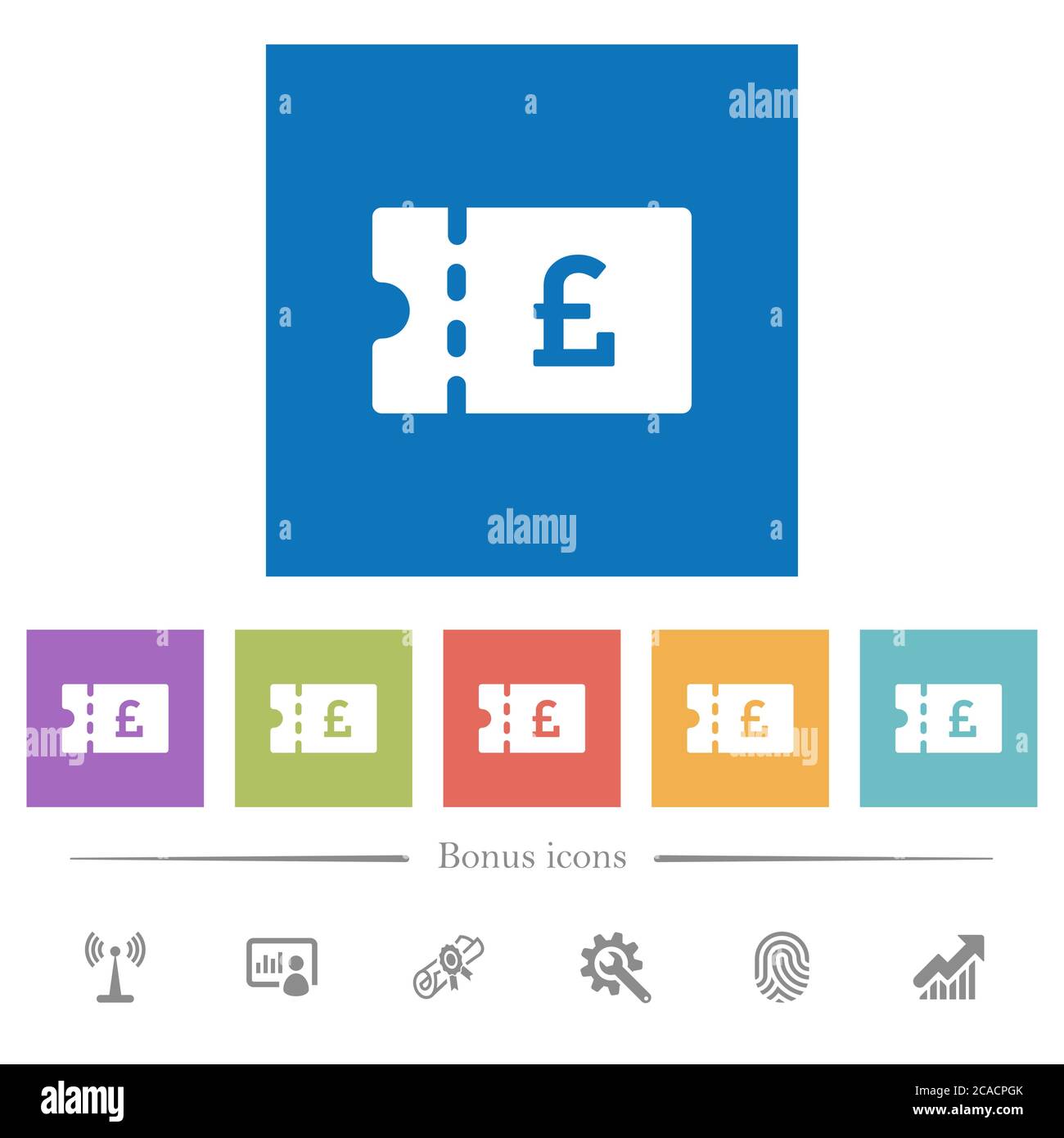 Pound discount coupon flat white icons in square backgrounds. 6 bonus ...