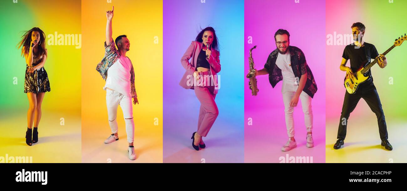 Collage of portraits of 5 young emotional talented musicians on ...