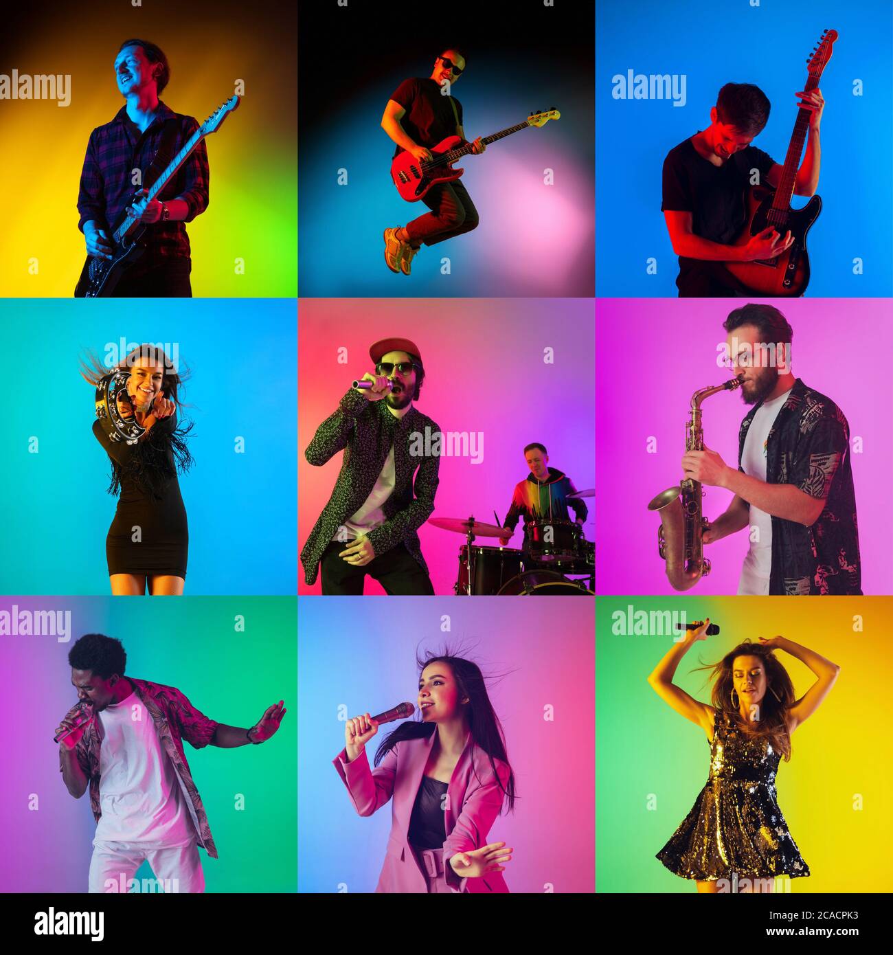 Collage of portraits of 9 young emotional talented musicians on ...