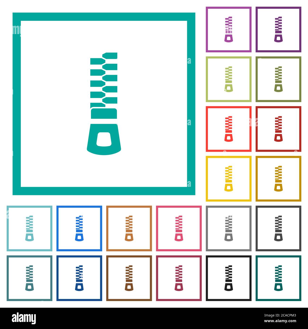 Vertical zipper flat color icons with quadrant frames on white ...