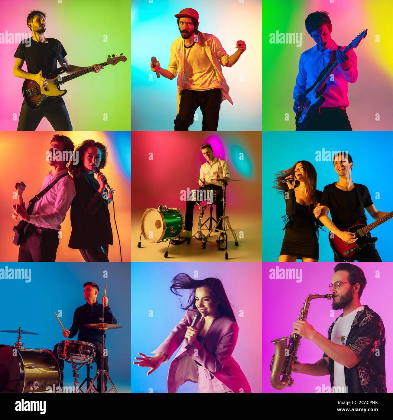 Collage of portraits of 10 young emotional talented musicians on ...