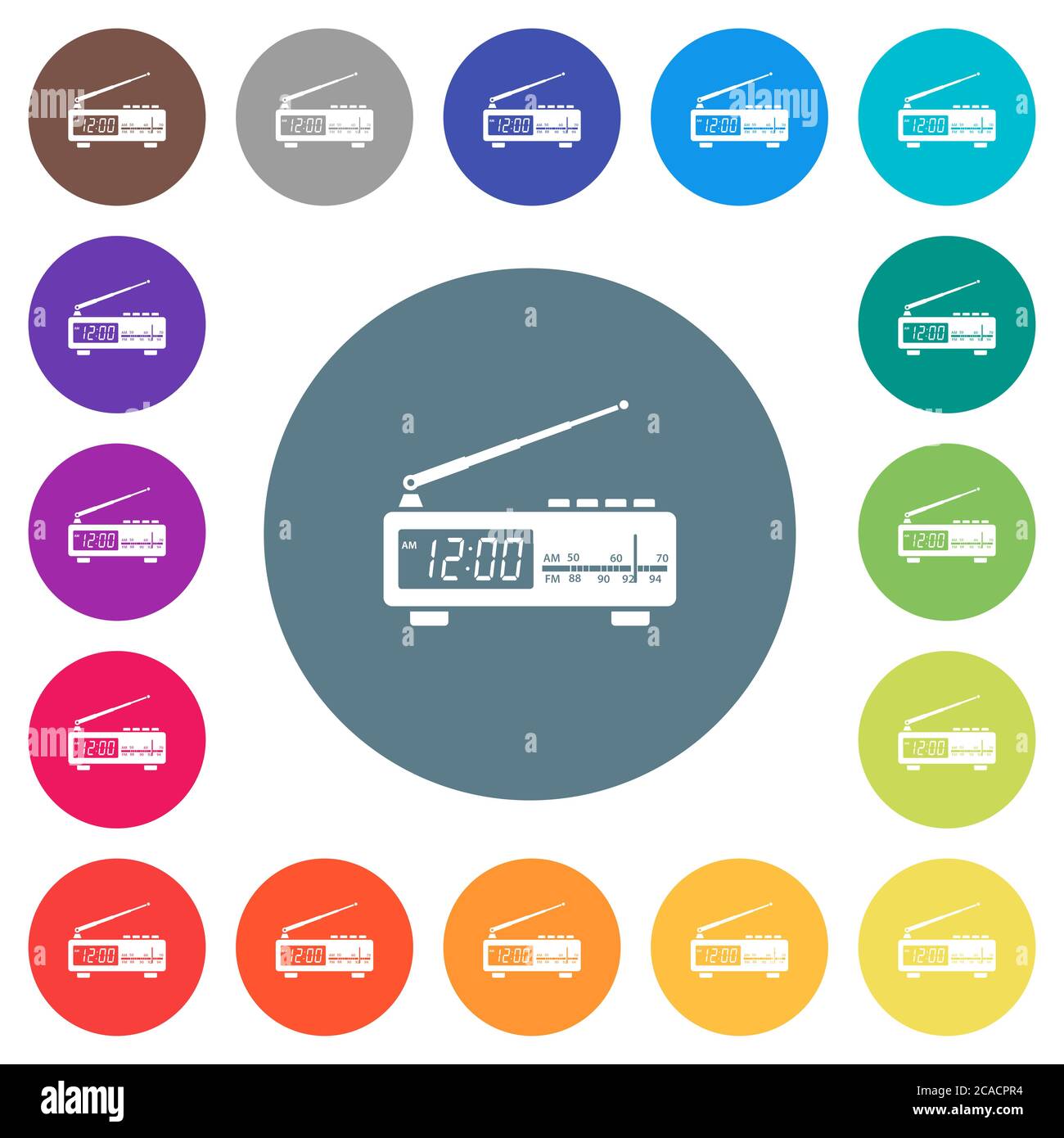 Vintage radio clock flat white icons on round color backgrounds. 17 ...