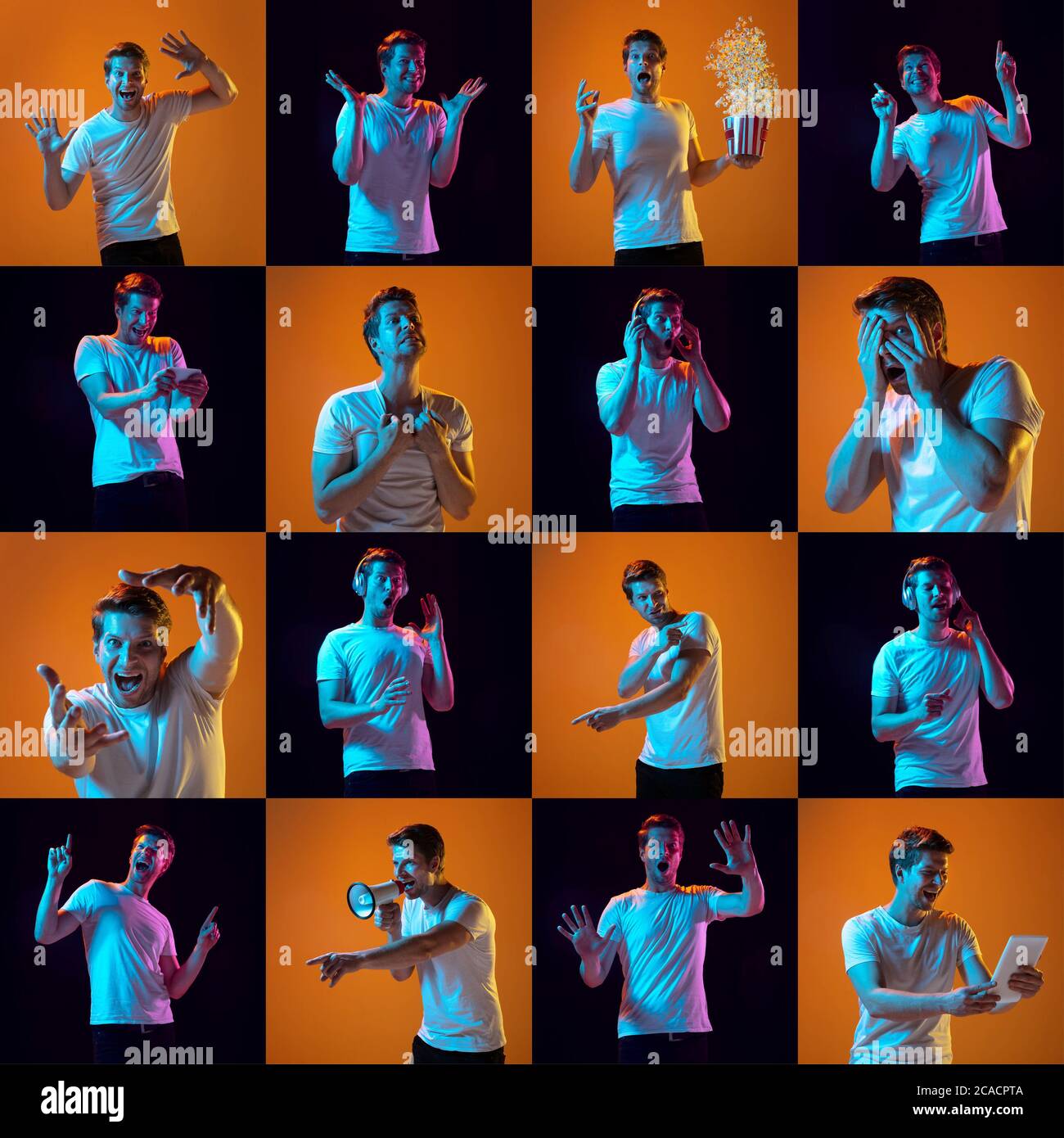 Collage of portraits of young emotional man on multicolored background ...