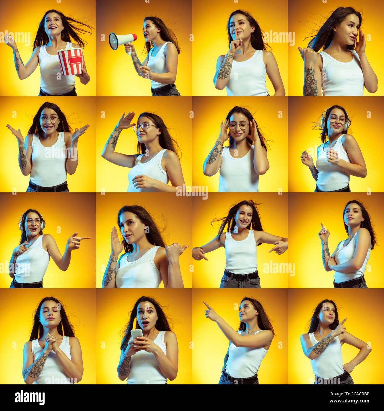 Collage of portraits of young emotional woman on yellow gradient ...