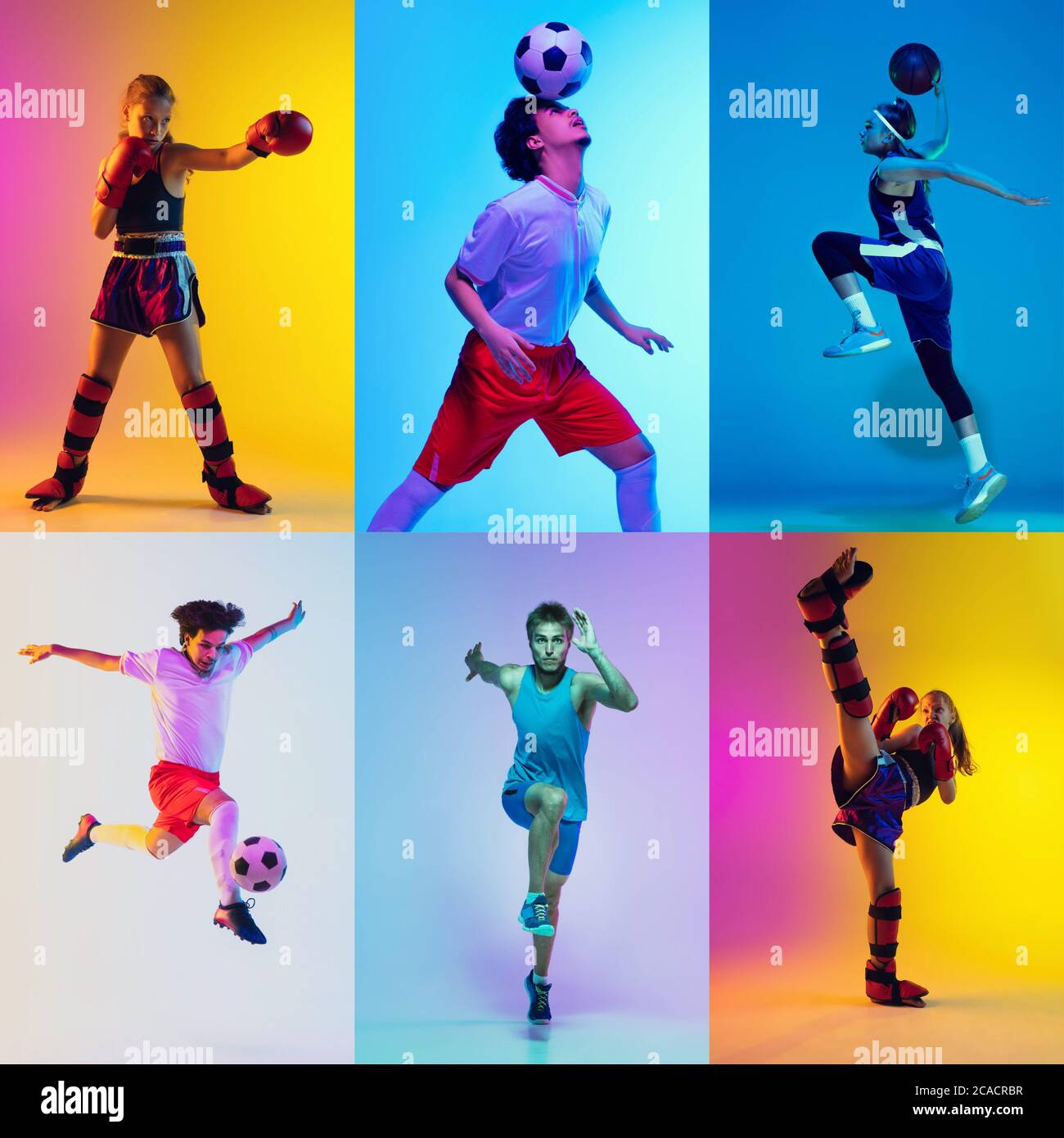 Sport collage of little professional athletes or players on ...