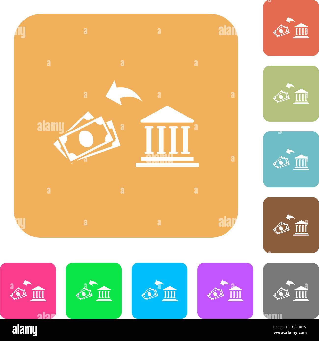 Cash withdrawal from bank flat icons on rounded square vivid color ...