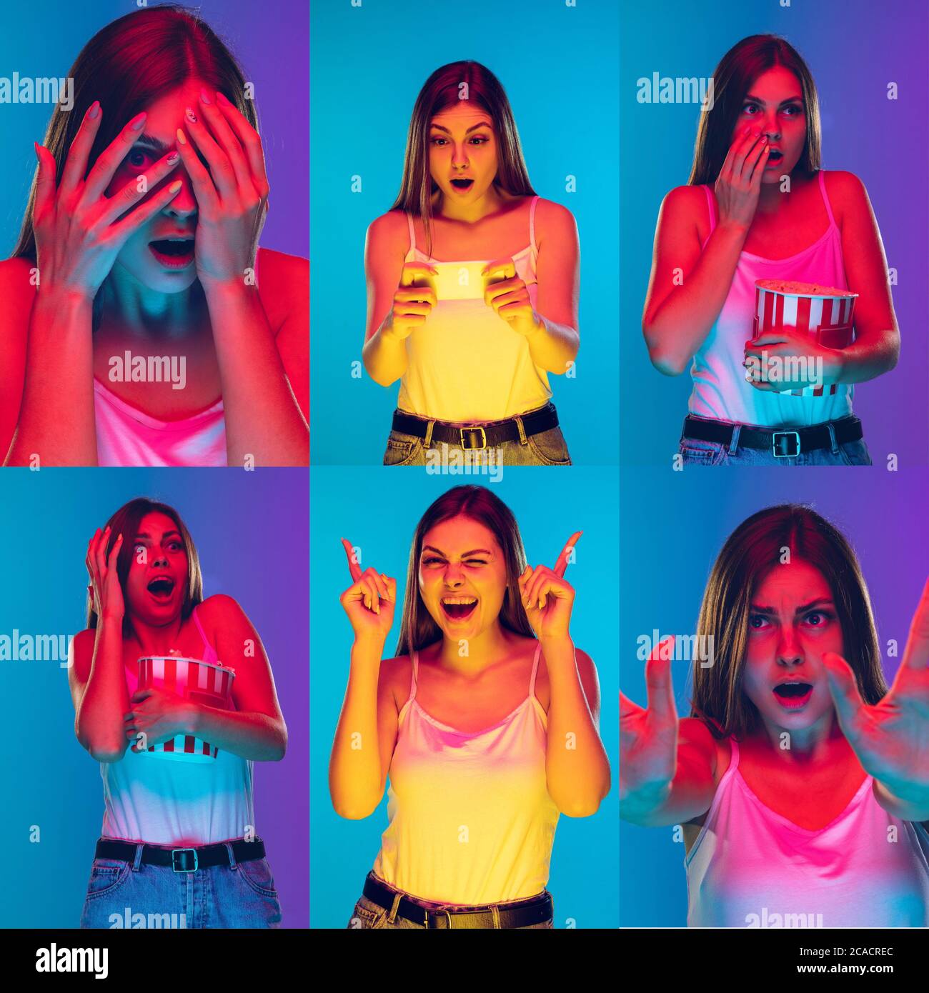 Collage of portraits of young emotional woman on multicolored ...