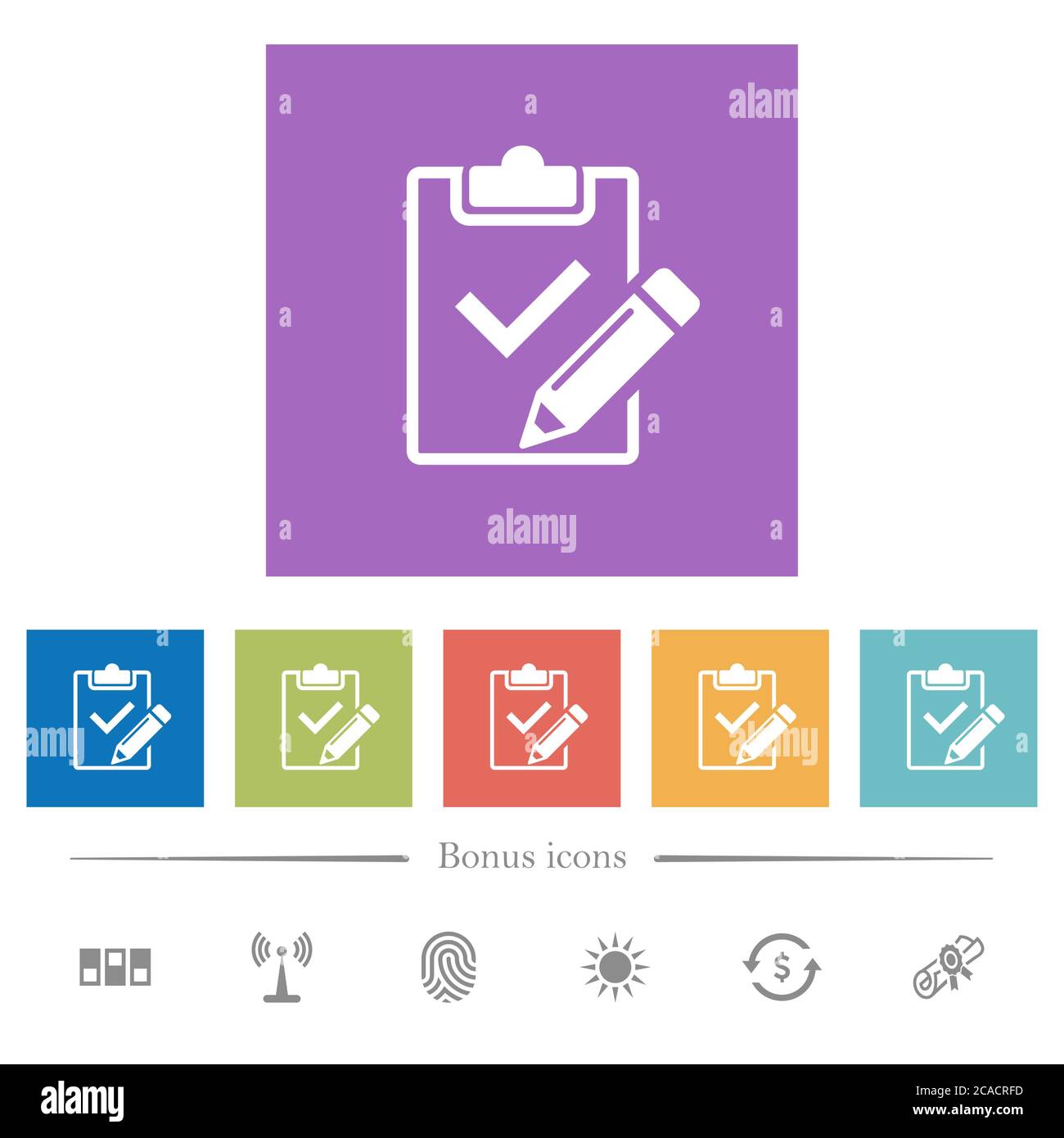 Fill out checklist flat white icons in square backgrounds. 6 bonus ...