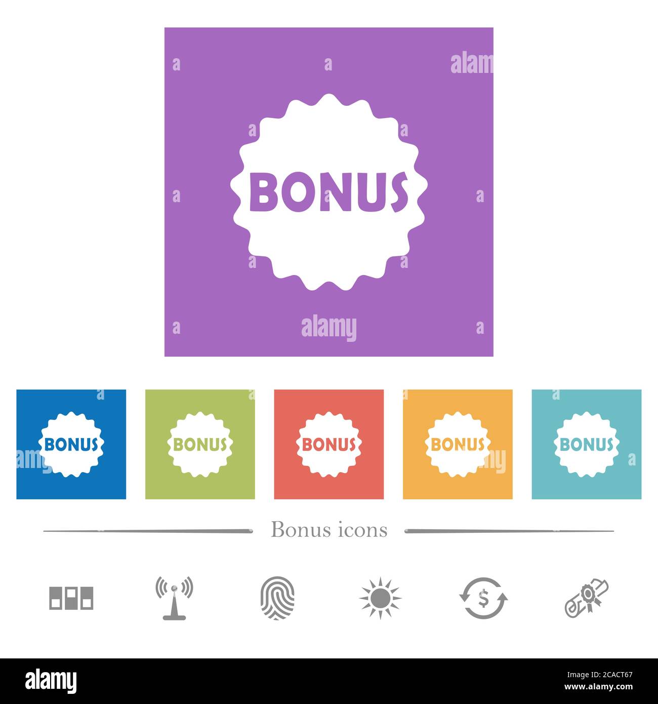 Bonus sticker flat white icons in square backgrounds. 6 bonus icons ...