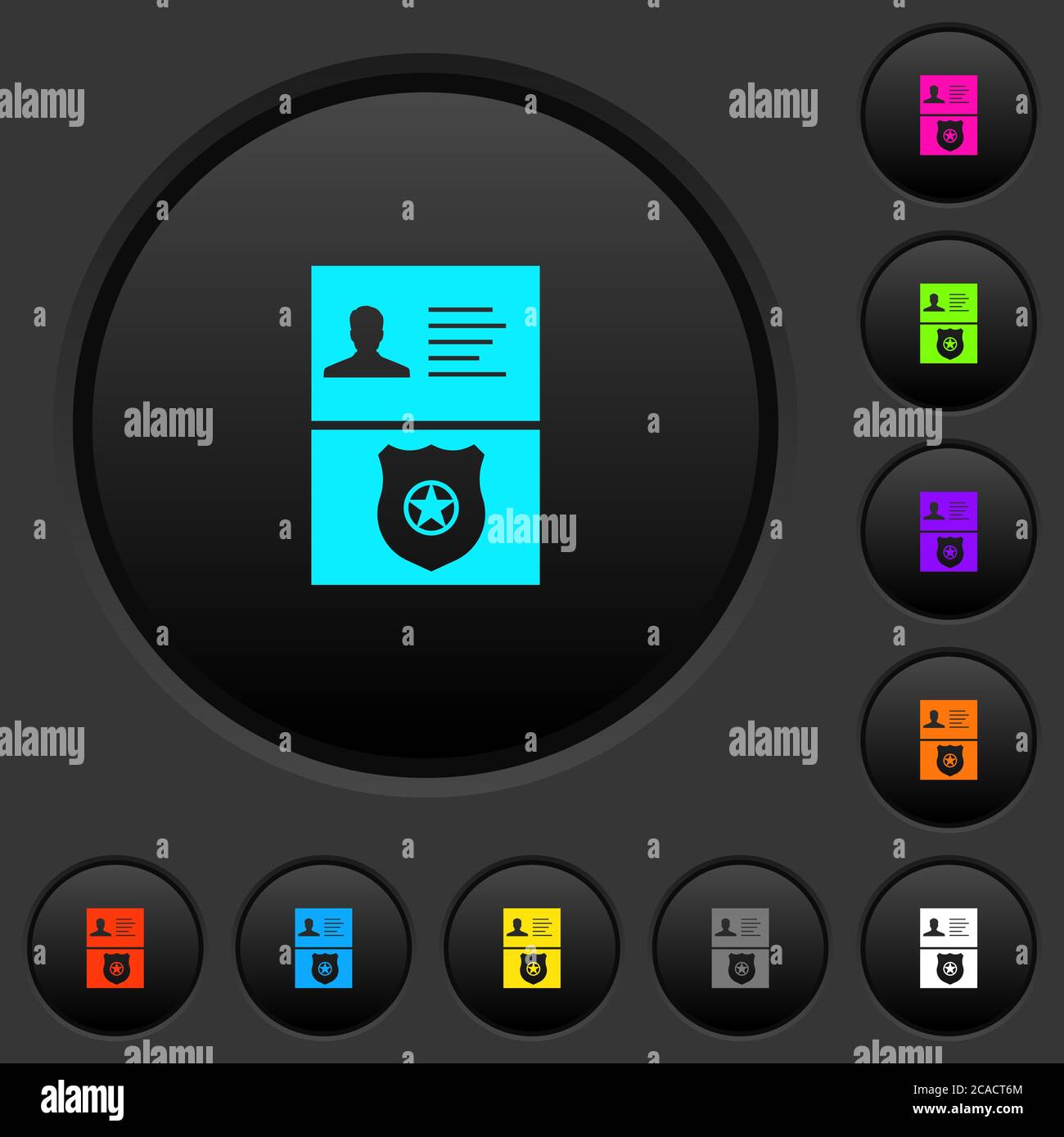 Police id and badge dark push buttons with vivid color icons on dark ...