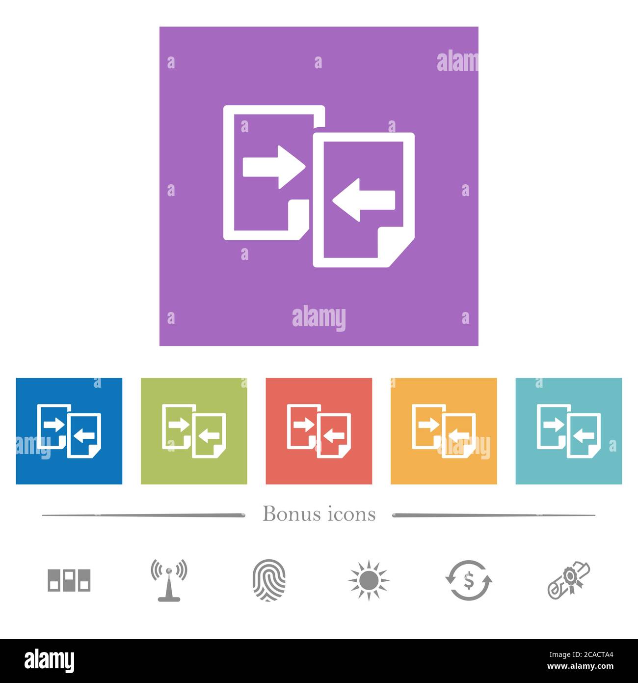 Share documents flat white icons in square backgrounds. 6 bonus icons ...