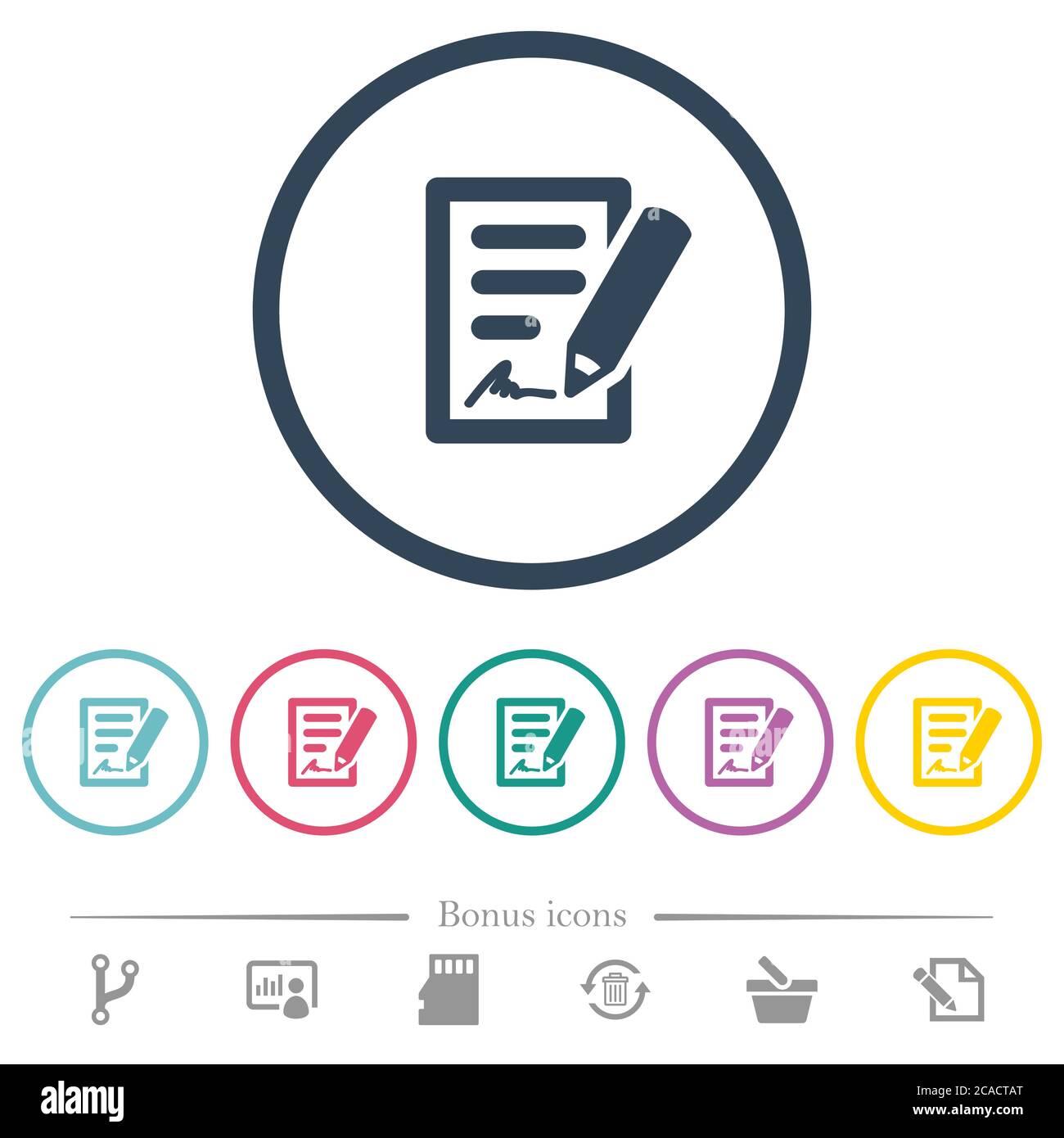Signing contract flat color icons in round outlines. 6 bonus icons ...