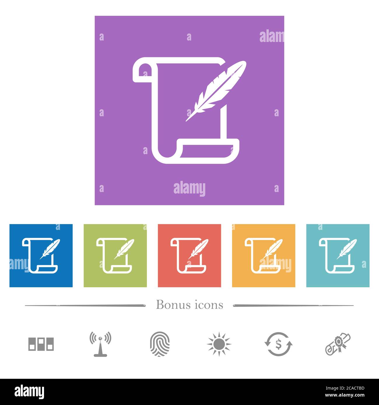 Paper scroll with feather flat white icons in square backgrounds. 6 ...