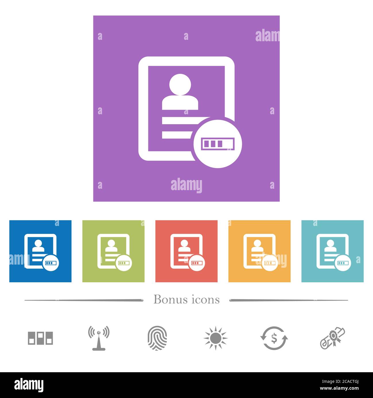 Contact progressing flat white icons in square backgrounds. 6 bonus ...