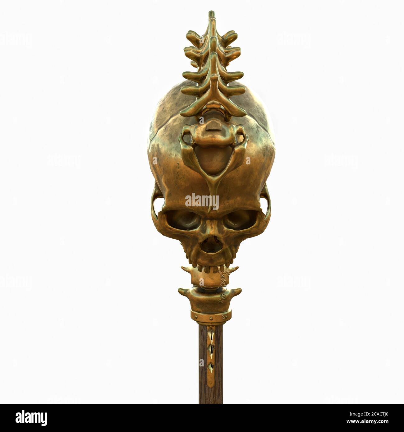 staff with a skull wooden with gold and metal inserts on an isolated ...