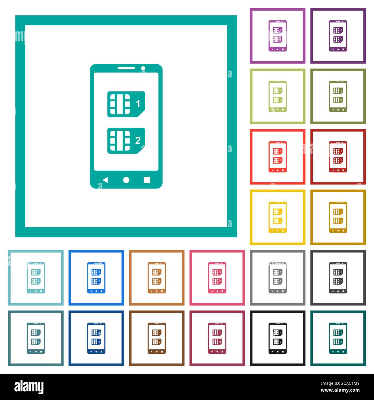 Dual SIM mobile flat color icons with quadrant frames on white ...
