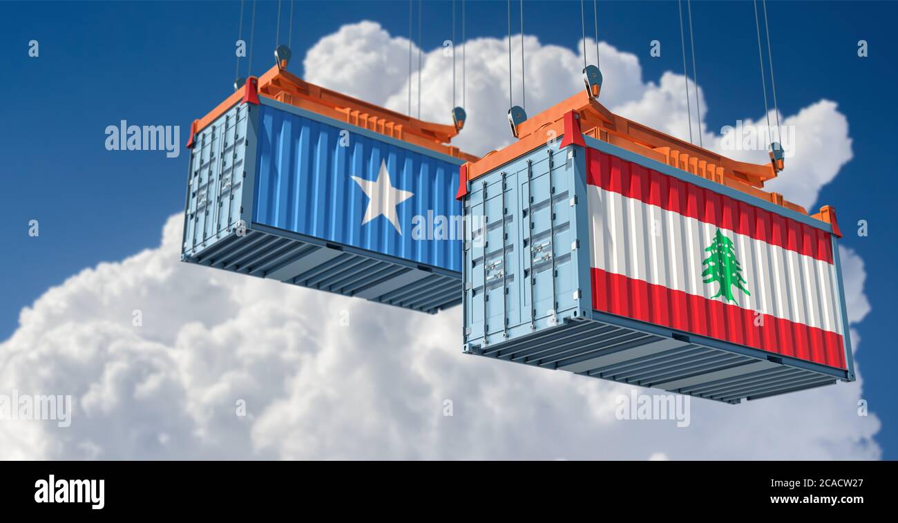 Freight containers with Somalia and Lebanon flag. 3D Rendering Stock ...
