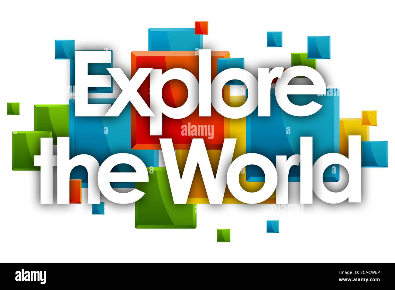 Explore the World word in colored rectangles background Stock Photo - Alamy