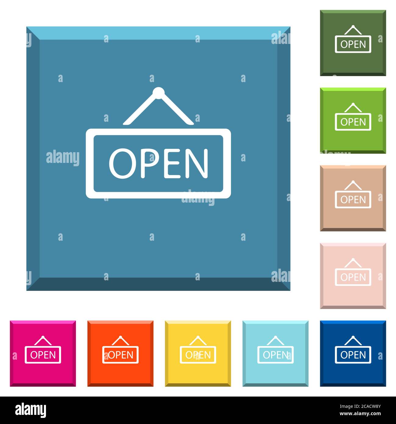 Open sign white icons on edged square buttons in various trendy colors ...