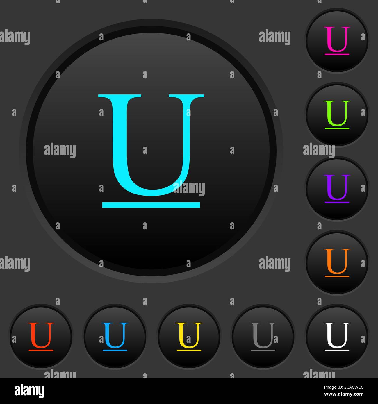 Underlined font type dark push buttons with vivid color icons on dark ...