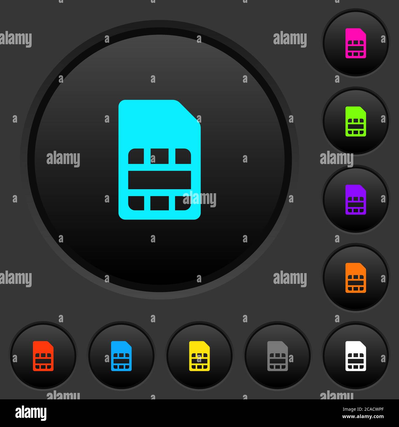 SIM card dark push buttons with vivid color icons on dark grey ...
