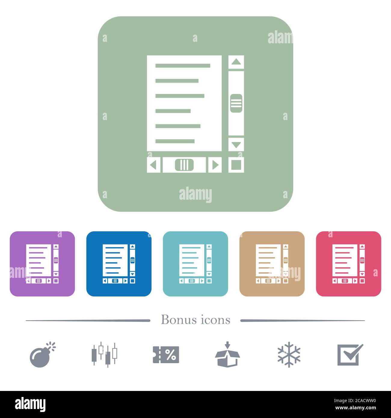 Document with content and scroll bars white flat icons on color rounded square backgrounds. 6 ...
