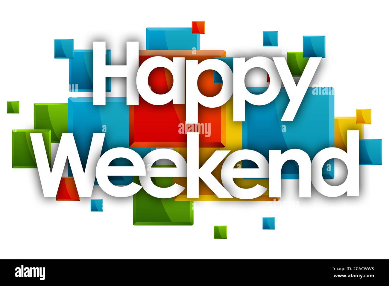 happy weekend word in colored rectangles background Stock Photo - Alamy
