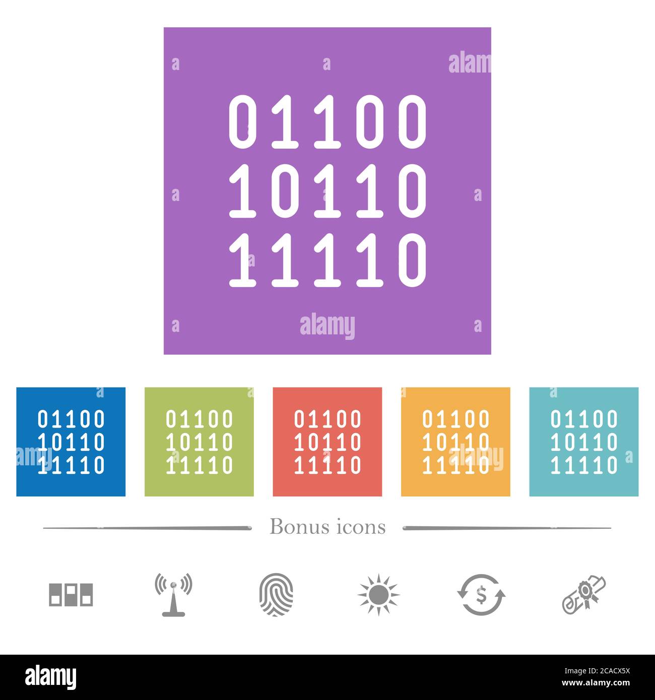 Binary code flat white icons in square backgrounds. 6 bonus icons ...