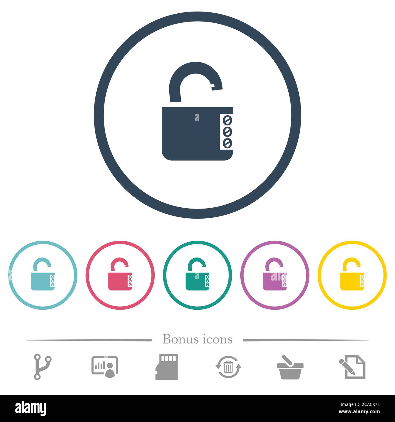 Unlocked combination lock with side numbers flat color icons in round ...