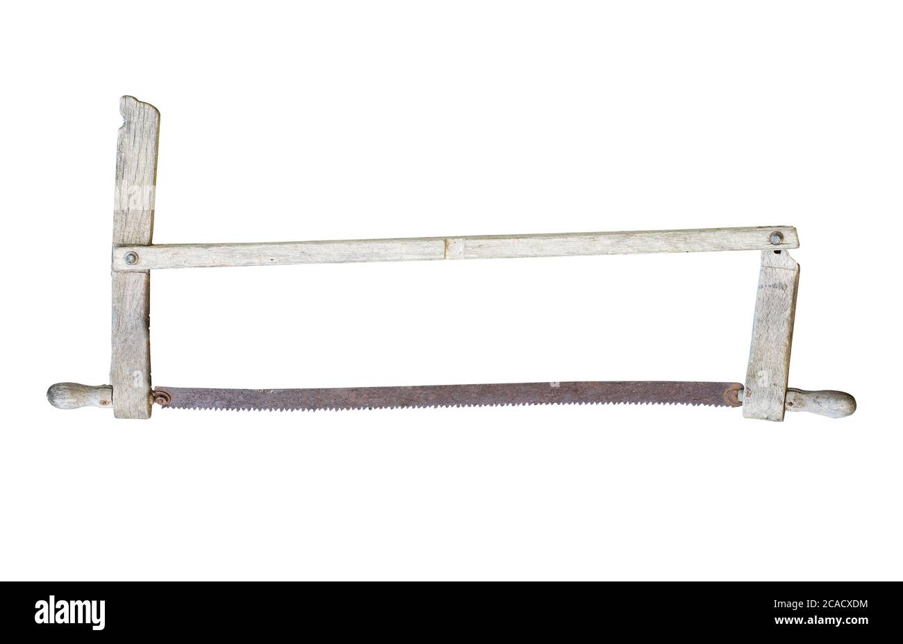 front view closeup of old wooden saw with rusted iron blade isolated on ...