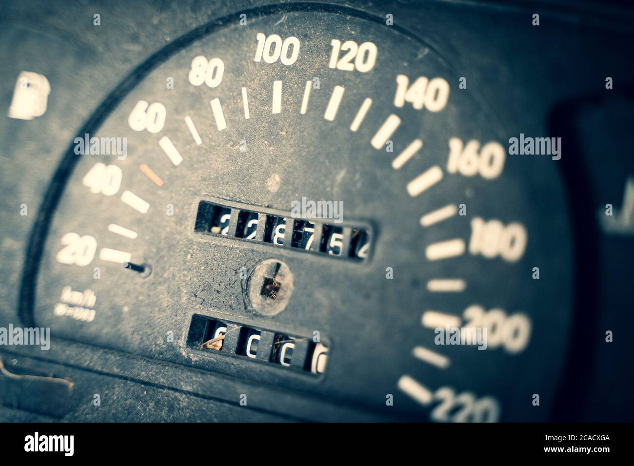 front view closeup of black rusted speedometer car dial with high ...