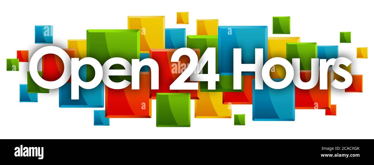 Open 24 Hours word in colored rectangles background Stock Photo - Alamy
